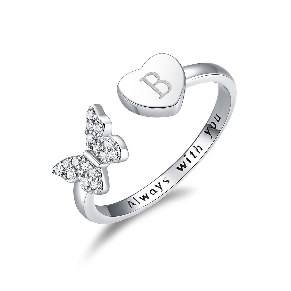 LOVPEPY Initial Letter Ring for Women, Silver Stackable Heart Butterfly Alphabet Rings with Initial Adjustable Crystal Inlaid Rings Bridesmaid Gift (B)