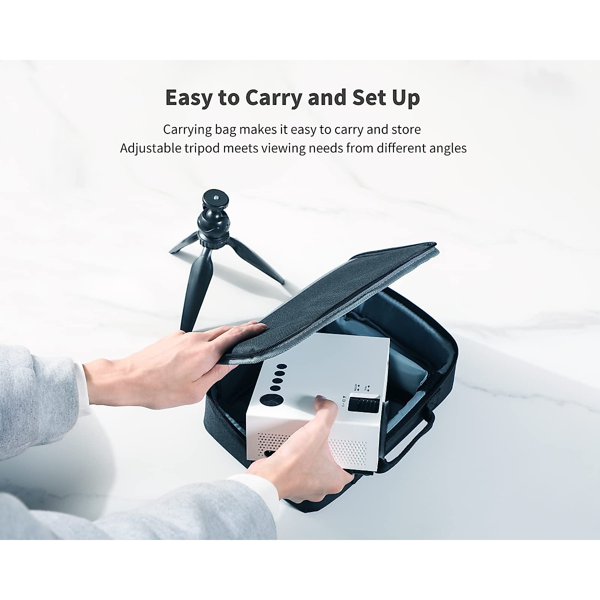 4K Projector with 5G WiFi and Bluetooth, Acrojoy 450 ANSI Native 1080P Mini Projector Support 400"Display, 75% Zoom, Portable Outdoor Movie Projector W/ Tripod and Bag, Compatible W/ TV Stick/USB/PS5