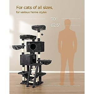 FourFurPets Cat Tree for Indoor Cats, 63in Cat Tower, Cat Condo, Two Cat Perch, Wwo Cat Caves, Two Cat Basket, Sisal Scratching Stairs, Toys, Smoky Gray