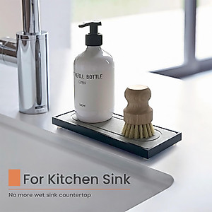 Authumberdale Instant Dry Sink Caddy Organizers, Sponge Holder for Kitchen Sink Counter, Water Absorbing Stone Drying Mat Rack, Soap Dish for Bathroom Countertop, Black Acrylic Tray with Grey Stone