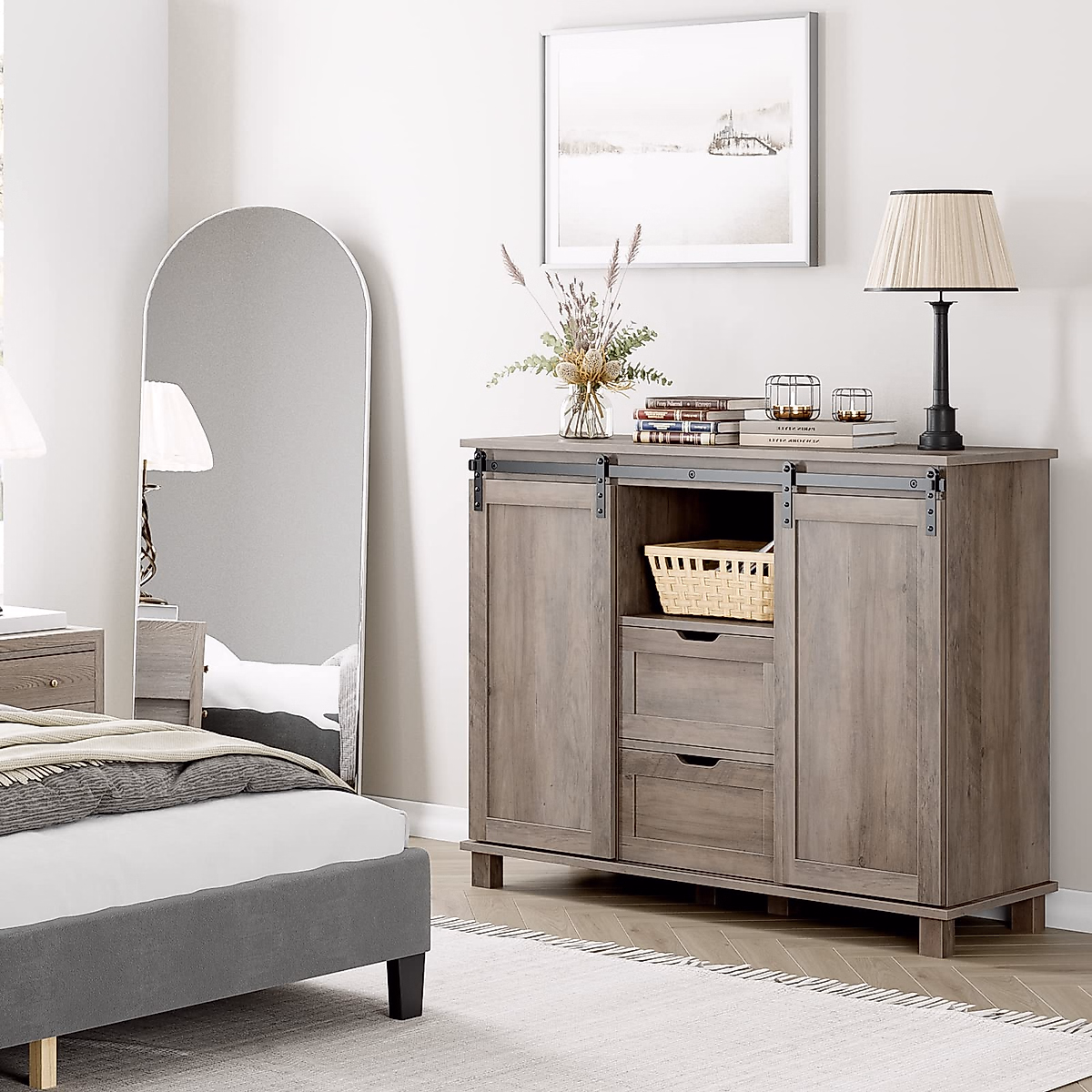 HOSTACK Farmhouse Buffet Sideboard, Coffee Bar Cabinet with Storage, Liquor Wine Cabinet with Sliding Barn Doors, Accent Storage Cabinet for Kitchen, Ash Grey