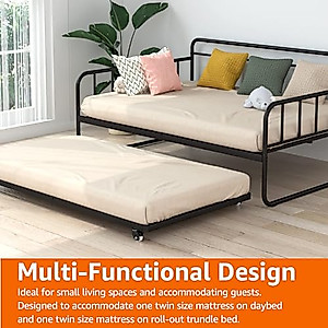 Amazon Basics Twin Daybed and Trundle Bed Frame Set, Easy Assembly, Space Saving, Steel Slat Support, Black, 77.3 x 40 x 35.4 in