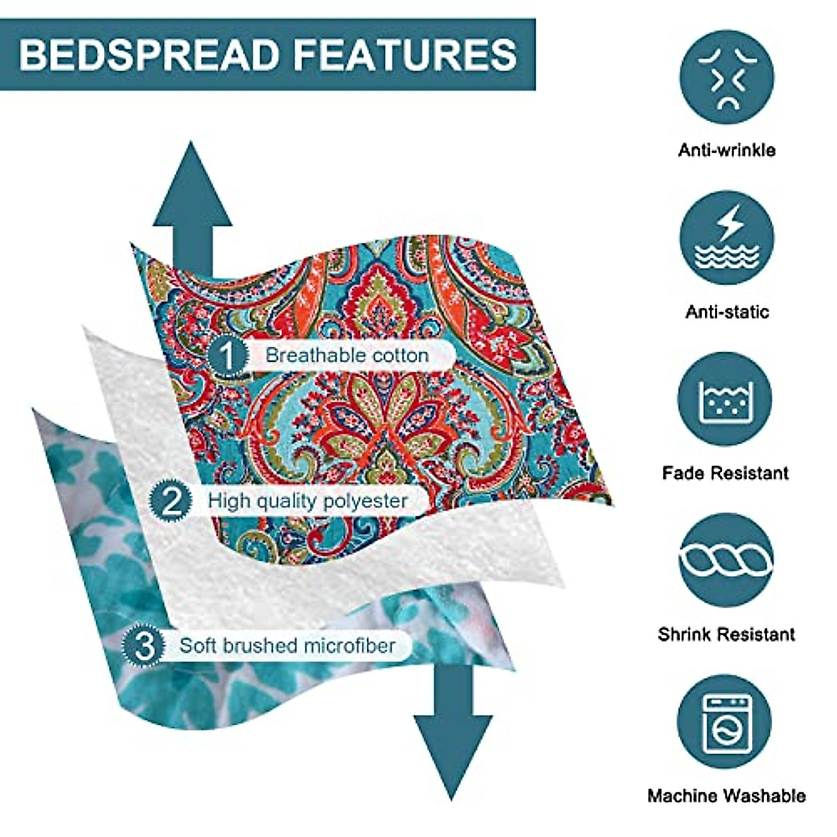 Qucover Quilts Queen Size 3-Piece Paisley Bedspread Quilt Sets, Soft Cotton Microfiber Quilt Bedding Set with 2 Pillowcase, Lightweight Bedspread for Queen Beds, 90x98 Inch