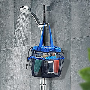 Mesh Shower Caddy Bag for College Dorm Camping Beach Vacation Bath Toiletry Organizer Portable Quick Drain Storage Tote with 8 Pockets, Key Hook, Duo Reinforced Handles, Two Side Adjustable Drawstring