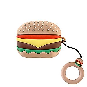 BONTOUJOUR AirPods Pro Case, Creative Fun Food Potato Chips Hamburger Shape Matte Surface TPU Silicone Cover Protective Skin for Apple AirPods Pro +Ring Lanyard -Hamburger