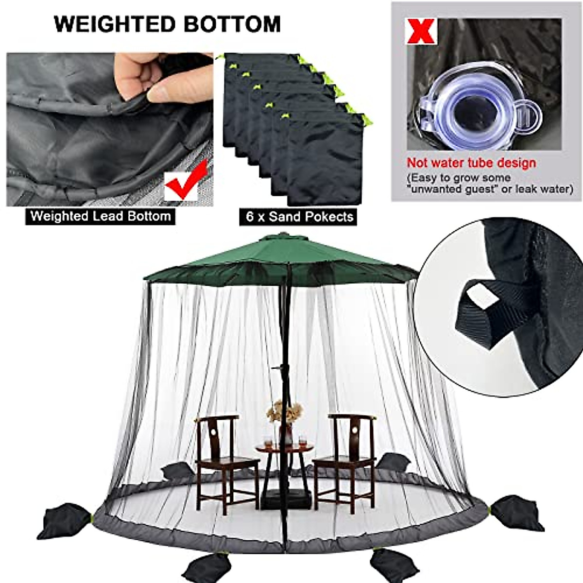 7.5-11ft Black Patio Umbrella Mosquito Netting, with Double Zipper Door, Polyester Mesh Net Screen Universal for Almost Outdoor Market Table Umbrellas & Cantilever Offset Hanging Umbrella w/Tilt