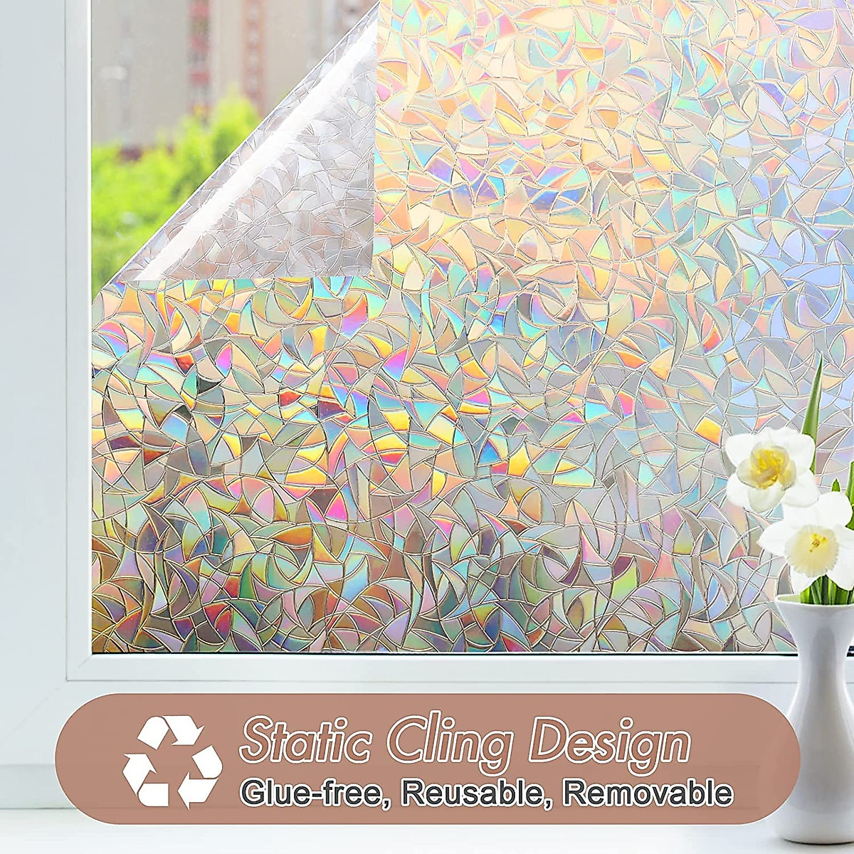 Haton Window Privacy Film Rainbow Static Cling Stained Glass Film Window Covering Sticker Non-Adhesive Removable Reflective Window Vinyl, Anti-UV Sun Blocker Heat Control for Home, 17.5 x 78.7 inches