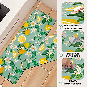 Lemon Kitchen Mat Set 2 PCS Anti Fatigue Lemon and Leaf Kitchen Rugs Waterproof Cushioned PVC Leather Runner Rug Non Slip Comfort Standing Floor Mats for Kitchen, Home, Sink 17.3" x 28" + 17.3" x 47"