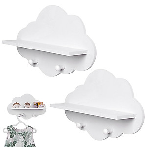 Cloud Shelves, 2Pcs White Cloud Wall Shelves, Wood Floating Shelf with Hook, Nursery Shelves for Book Toys Cloud Room Decor Cloud Shelf