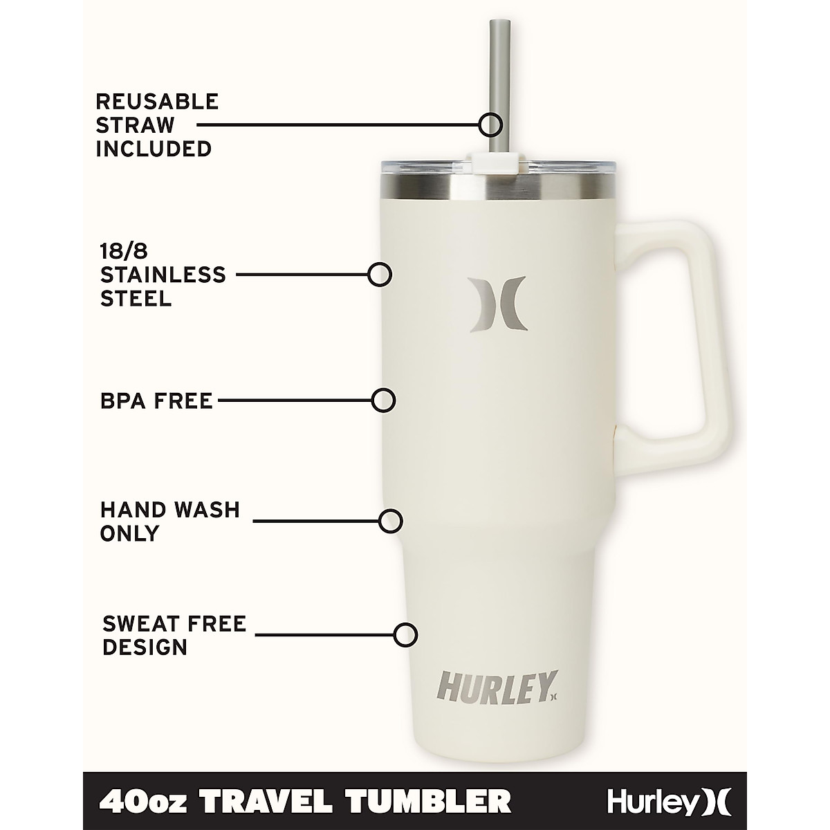 Hurley Tumbler Thermos - 40oz Double Wall Vacuum Insulated Travel Mug with Handle - BPA Free Stainless Steel Water Bottle - Leak Proof Hot and Cold Coffee Car Cup, Size 40 Ounces, Ivory