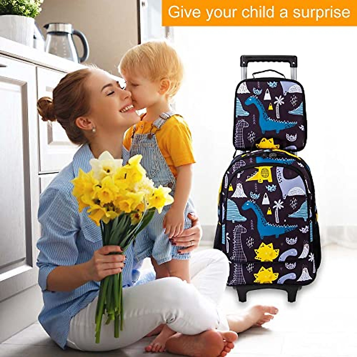 gxtvo Kids Rolling Backpack, Roller Wheels Boys Bookbag - Wheeled Suitcase Elementary School Bag - 3PCS Dinosaur