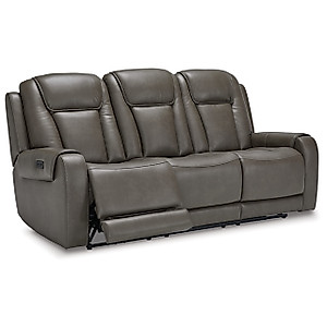 Signature Design by Ashley Card Player Contemporary Faux Leather Tufted Power Reclining Sofa with Adjustable Headrest, Gray