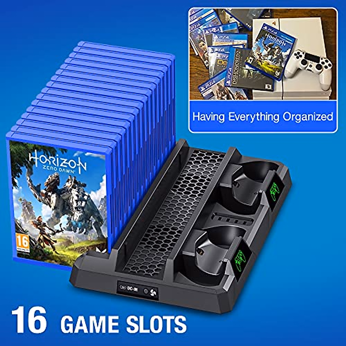 PS4 Stand Cooling Fan for PS4 Slim/PS4 Pro/PlayStation 4, PS4 Stand Vertical Stand Cooler with Dual Controller Charge Station & 16 Game Storage, PS4 Organizer Stand with Game Storage PS4 Accessories