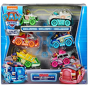 Paw Patrol, True Metal Neon Rescue Vehicle Gift Pack of 6 Collectible Die-Cast Toy Cars, 1:55 Scale, Kids Toys for Boys and Girls Ages 3 and up