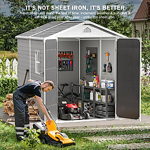 CDCASA 8x6 Feet Resin Storage Shed, Waterproof Outdoor Shed with Floor & Lockable Door & Window & Vents, Plastic Tool Shed for Backyard, Patio, Poolside, Lawn, Dove Grey