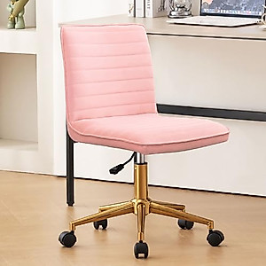 Furnimart Modern Armless Desk Chair Pink Cute Vanity Velvet Upholstered Office Chair Teen Girl Dorm Chair Mid-Back Home Office Chair Swivel Adjustable Small Chair Soft Seat (Velvet-Pink)