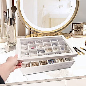 Coward Stackable Jewelry Trays Organizer Set with Clear Lid, Trays for Drawer, Earring Necklace Bracelet Ring Display Organizer (beige(ring+12girds+30girds+The glass lid))