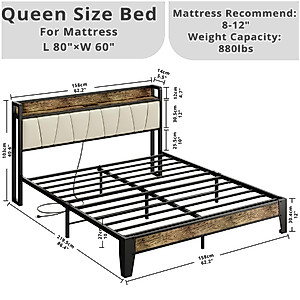 LIKIMIO Queen Bed Frame, Storage Headboard with Charging Station, Solid and Stable, Noise Free, No Box Spring Needed, Easy Assembly (Walnut and Beige)