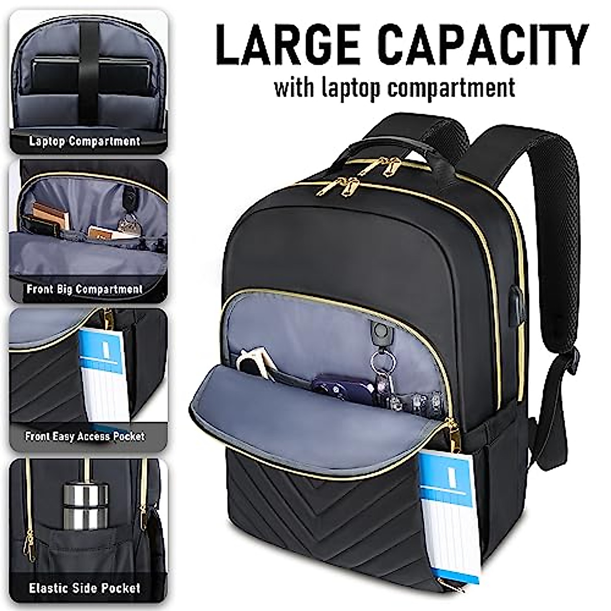 Skaypibs Backpack for Women, School Backpack, Water Resistant Back pack with USB Charging Port, Business Anti Theft Durable Computer School Bookbag, Gifts for Women, Fits 15.6-Inch Laptop, Black