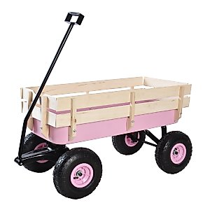 Sanch Ancha Heavy Duty Steel Wooden Side Support Cargo Wagon with 10” All-Terrain Air Tires, Up to 176lb Haul Capacity, Effortless Foldable Handle Cart for Towing Kids Toys, Gardening Supplies (Pink)