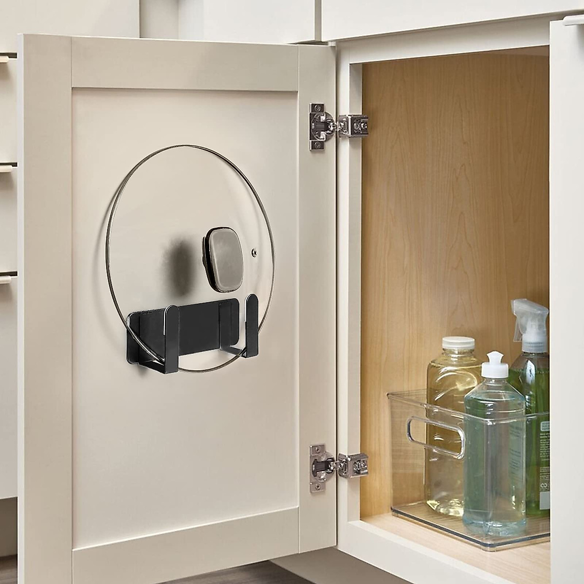 YOUGRIDDA Pot Lid Rack, Wall Mounted 304 Stainless Steel Pan Lid Organizer Holder, 3M Self Adhesive, Kitchen Cooking Utensil Tool (Black)