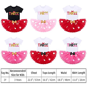Mouse 3rd Birthday Outfit Baby Girl Short Sleeve T-Shirt Top Polka Dots Mini Tutu Skirt Headband 3 Years Old Cake Smash Photo Props I'm Three Toddler Third Birthday Party Supply Hot Pink + Black 3T
