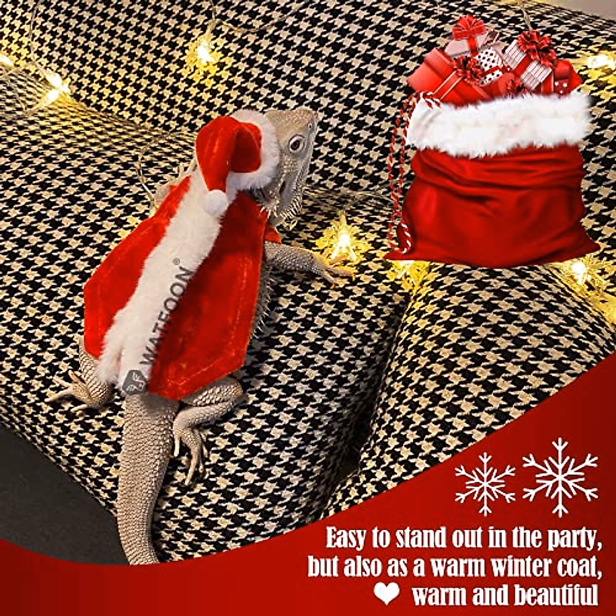 Christmas Bearded Dragon Costume Reptile Santa Hat Scarf Ferret Xmas Hat Reptile Straw Hat with Antlers Adjustable Elastic Chin Strap (Costume + Sling)
