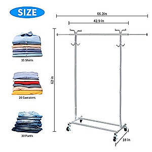 HOUSE AGAIN Adjustable 2-in-1 Heavy-Duty Garment Rack Clothes Coat Rack Rolling with Foot Operated Lockable Wheels, Extra Strength Clothes Rack for Hanging Clothes, Shoes Organizing, Chrome