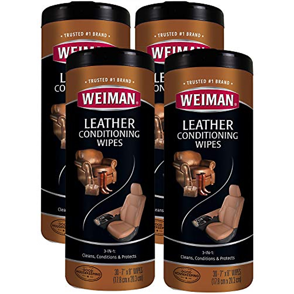 Weiman Leather Wipes - 4 Pack - Clean Condition Ultra Violet Protection Help Prevent Cracking or Fading of Leather Couches, Car Seats and Interior, Shoes and Other Leather Surfaces