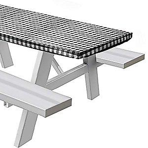 Sorfey Vinyl Picnic Table Fitted Tablecloth Cover, Checkered Design, Flannel Backed Lining, 28 x 72 Inch, Black