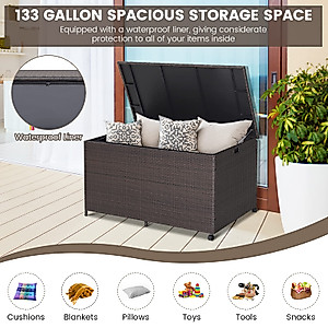 Tangkula 133 Gallon Deck Storage Box, Patio Rattan Storage Container with 2 Universal Wheels, Safety Pneumatic Rod, Zippered Liner, Sturdy Steel Frame, Ideal for Backyard, Poolside