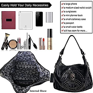 Downupdown Skull Handbags Women Tote Bags Skull Print Leather Shoulder Bag Studded Rivet Satchel Purse Gothic Crossbody Bag Large Hobo Bag-Black-G