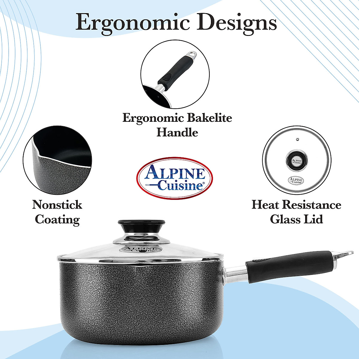 Alpine Cuisine Sauce Pan 2 Quart Nonstick Coating Soft Touch Bakelite Handle with Glass Lid, Nonstick Sauce Pans for All Stoves, Multipurpose Use for Home Kitchen & Restaurant - Dishwasher Safe