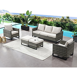 HUMMUH Outdoor Chairs PE Wicker Patio Dining Chairs Set of 2 High Back Metal Frame Porch Chairs with 4 inch Seat Cushions