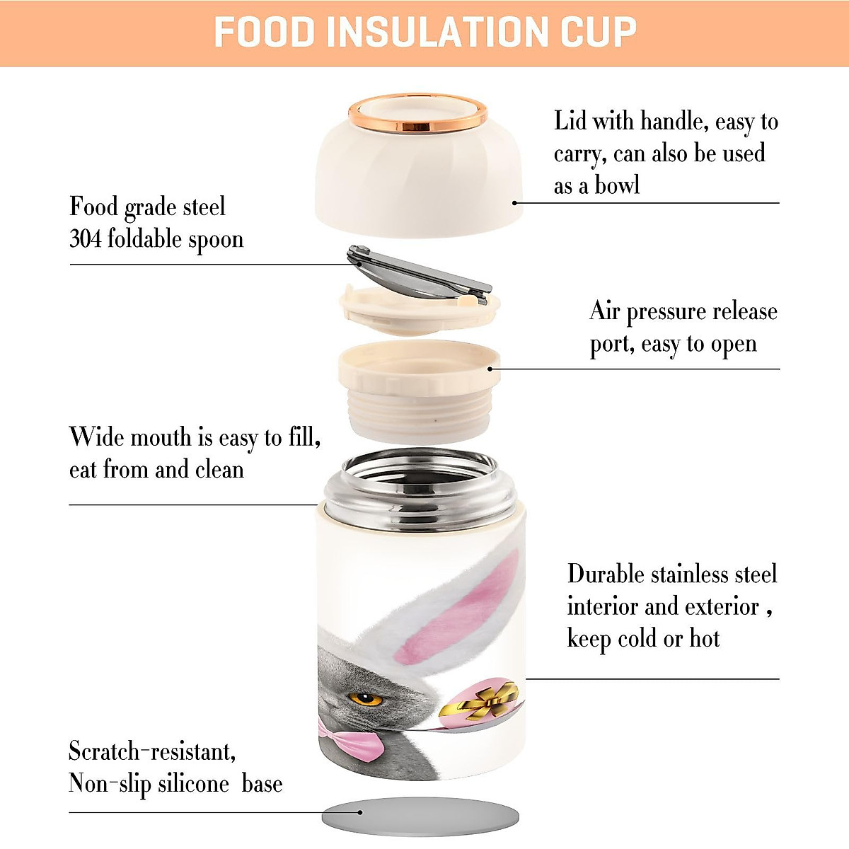 CUPADA Funny Cat Cute Food Jar, Bunny Rabbit Ears Insulated Hot Food Jars Vacuum 17OZ with Folding Spoon for Work Trip Picnic Camping