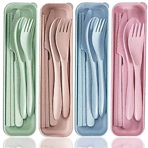 Reusable Utensil Set with Case,Travel Utensil with Chopsticks,Wheat Straw Silverware Including Knife Spoon Fork 4 Sets for Travel Picnic Camping or Daily Use(Green,Beige,Pink,Blue)