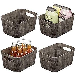 mDesign Wood Print Food Bin Box with Handles - Rustic Basket for Kitchen and Pantry Vegetable and Potato Storage - Perfect for Garlic, Onions, Fruit, and More - 12" Long - 4 Pack - Black