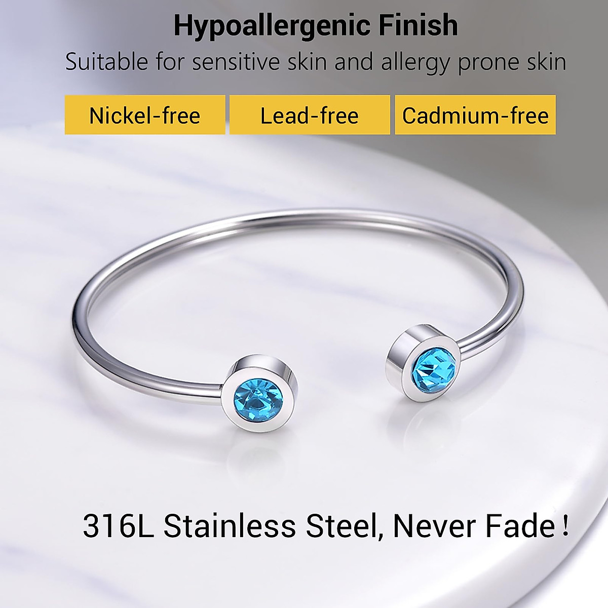 PROSTEEL Crystal Bracelet Blue March Birthstone Aquamarine Stainless Steel Womens Cuff Bracelets Bangle