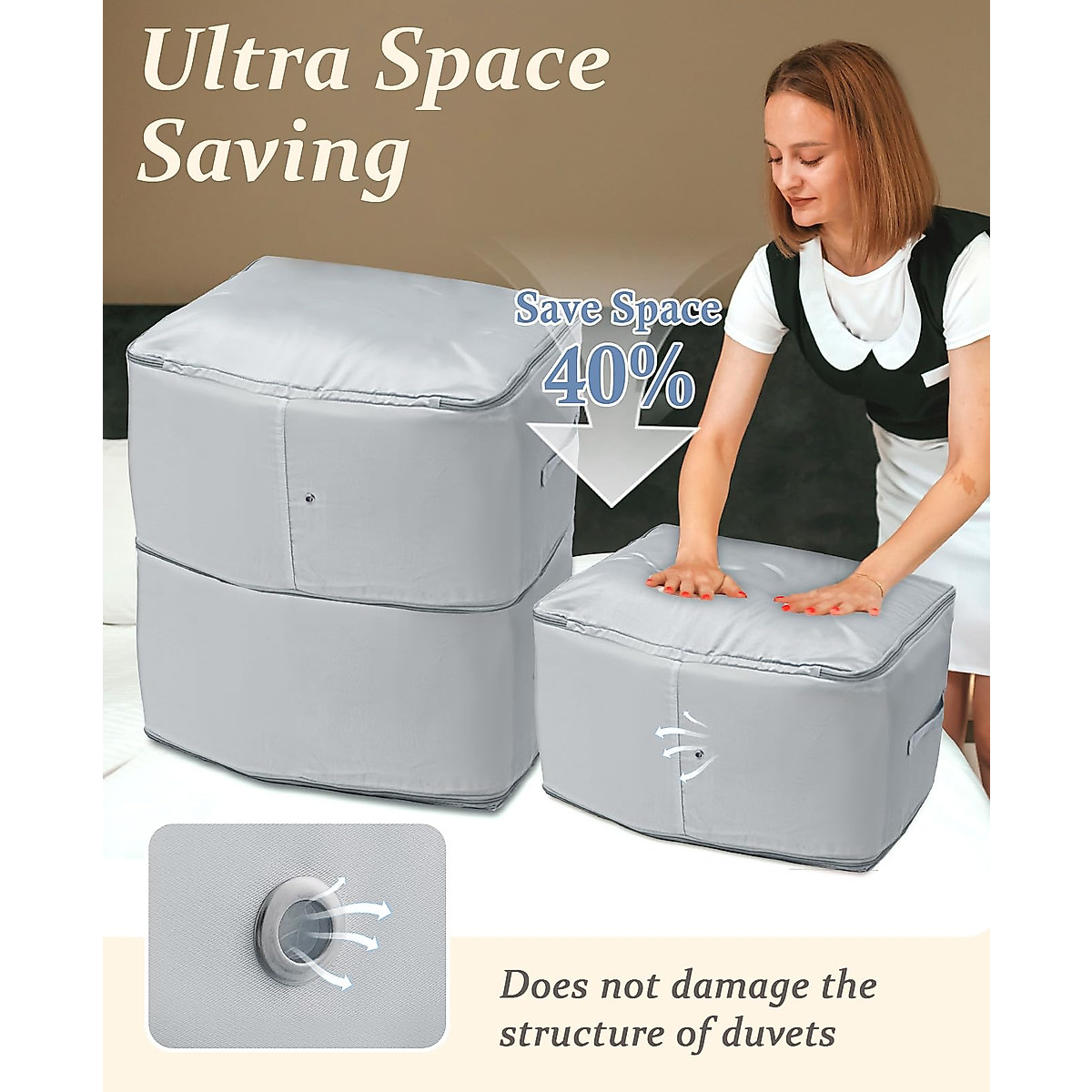 2024 Update Ultra Space Saving Self Compression Organizers - Comforter Storage Bag for Duvet, Quilts, Pillows, Queen King, Blankets - Extre Large Luggage Packing Cubes for Closet, Bedding (Gray, XL)