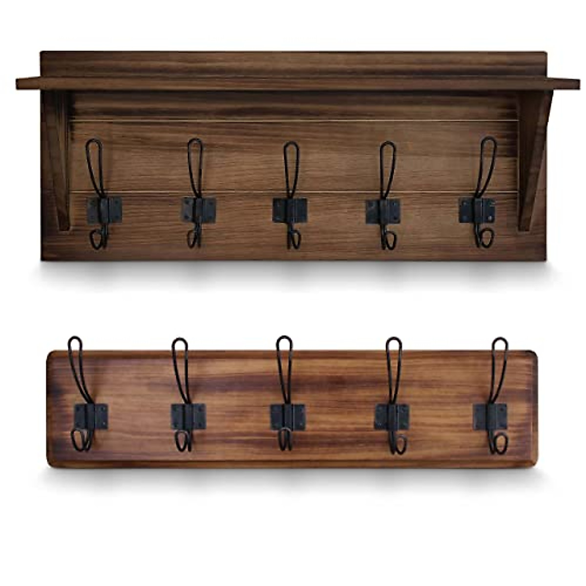Matching Wall Mounted Coat Hooks Set - Beautiful Entryway Shelf and Coat Rack with Hooks, 24" | Solid Pine Wood | Perfect Touch for Your Bathroom, Kitchen, Mudroom | Rustic Brown