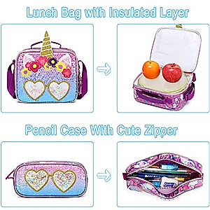 Robhomily Unicorn Sequins Girls Backpack with Lunch Box Set for Elementary School,17 inch Sparkly Bling School Backpack for Girls with Lunch Bags Set