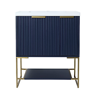 CuisinSmart 30" Bathroom Vanity with Resin Sink, Bathroom Storage Cabinet with Soft Close Doors & Drawers, Bath Vanity with Open Shelf and Metal Pedestal Navy Blue