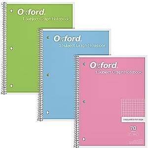 Oxford Graph Notebook - 1-subject - Grid Paper Notebook - 8" X 10-1/2" - Pack Of 3 - Math, Drawing, And Engineering Notebook - Pastel Colored Graph Paper Notebook
