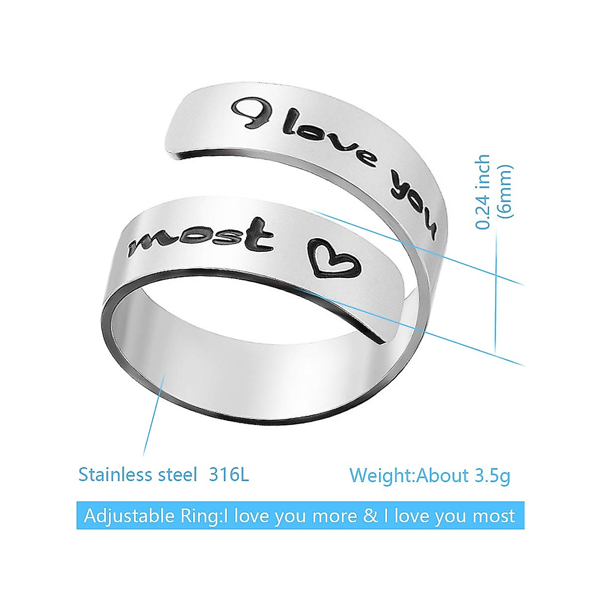 Phoenix Angela Wrap Twist Ring Adjustable Birthday Christmas Inspirational Gift Bands Cool Stacking Opening Rings for Girls Teens Women Men Friends (I love you more & most)