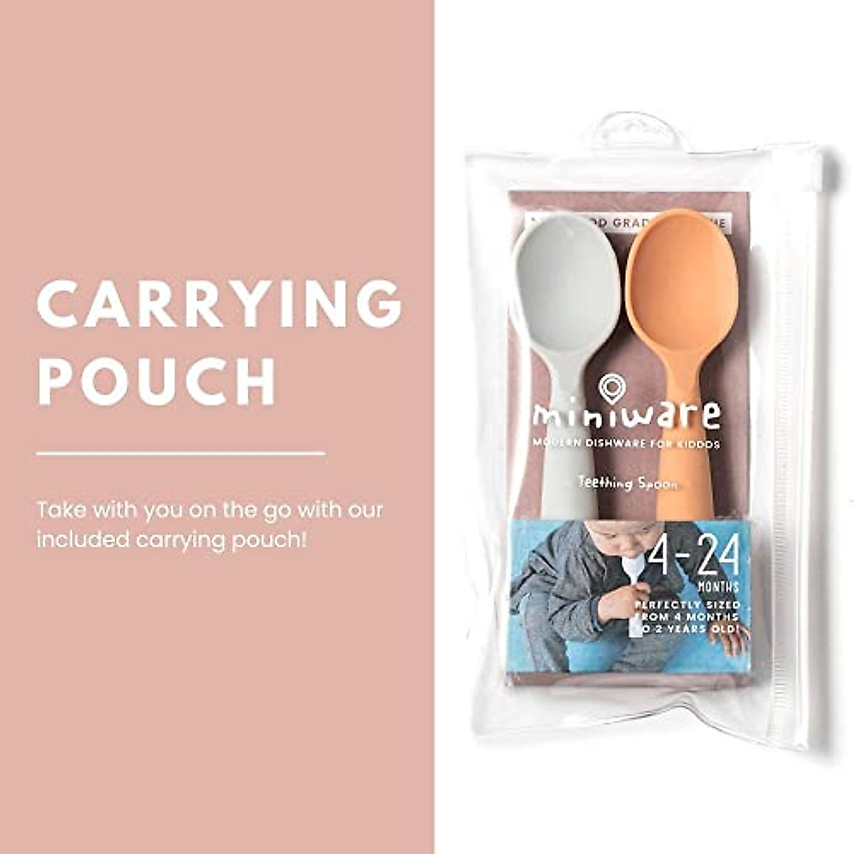 Miniware Training Spoon Cutlery Set with Carrying Case for Baby Toddler Kids - Promotes Self Feeding | 100% Food Grade Silicone | BPA Free | Modern & Durable Design | Dishwasher Safe (Grey and Peach)