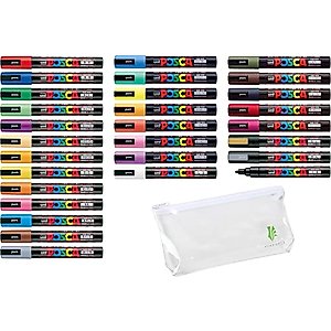 Uni POSCA Paint Marker Pen - Medium Point - Non Alcohol - Odorless Water Resistant Maker - Set of 29 (PC-5M15C & PC-5M7C & 5 Dark Colors & Gold & Silver) with Original Vinyl case