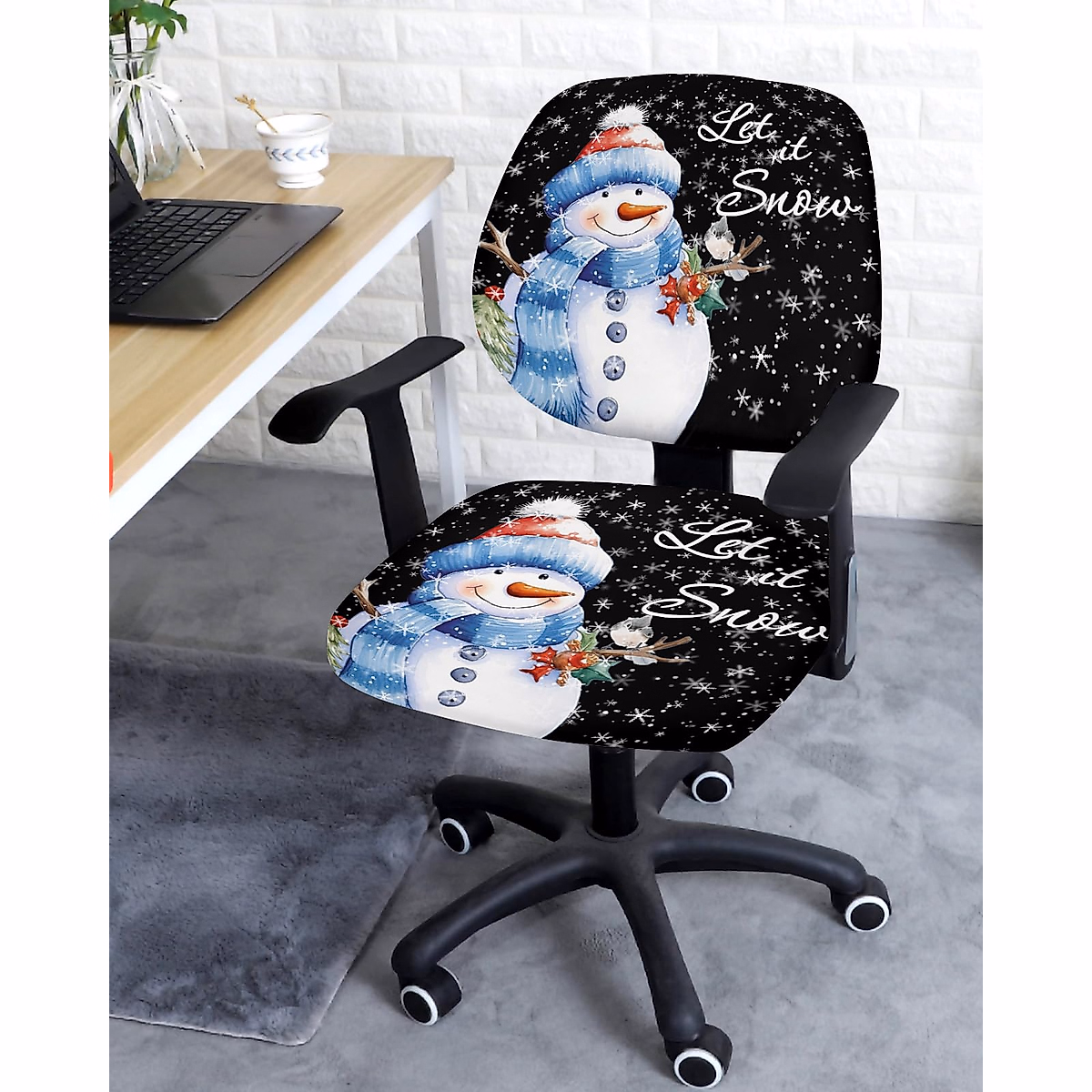 LBDOMOV Christmas Office Chair Cover 2 Piece, Stretch Elastic Computer Desk Rotating Chair Seat Back Covers, Stretchable Chair Slipcover Protectors Cover Black Winter Snowflake Snowman Birds Black