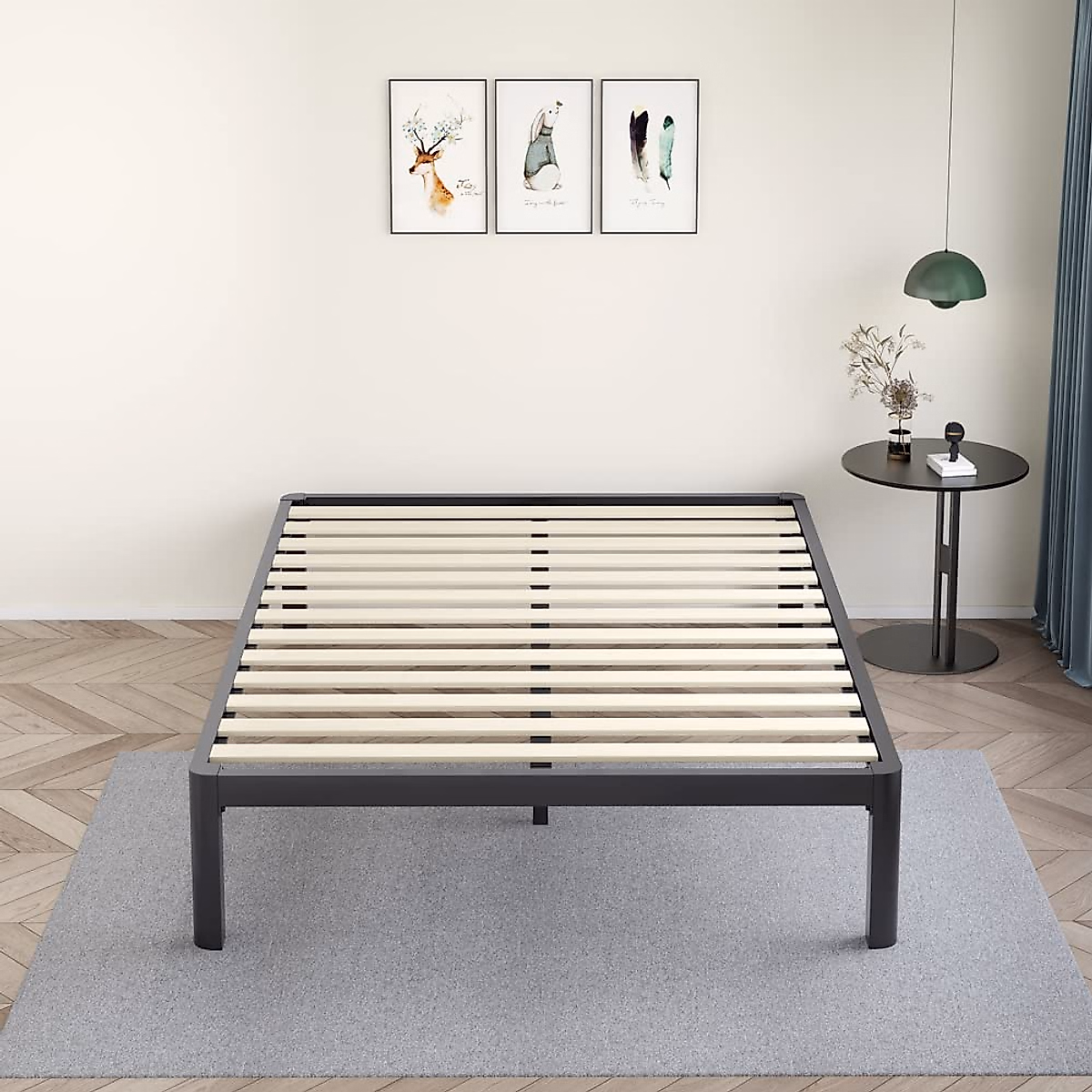 MAF 14 Inch Queen Platform Bed Frames with Wooden Slats, Black 3500 Lbs Heavy Duty Metal Bed Frame with Anti-Collision Round Legs, No Box Spring Needed, Easy Assembly