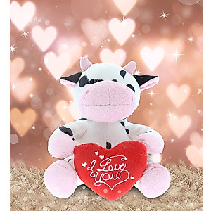DolliBu I Love You Valentine Pink Cow Plush - Fluffy Cow Stuffed Animal with Red I Love You Plush Heart and Name Personalization Gift for Valentines Day, Birthday, Anniversary, Romantic Date - 6 Inch