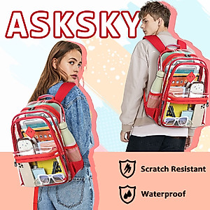 ASKSKY Clear Backpack for School, Thriple Compartments Heavy Duty Clear Bookbag PVC Transparent Backpack See Through Backpack for Boys Girls Women Men for Stadium Events College Work,Red